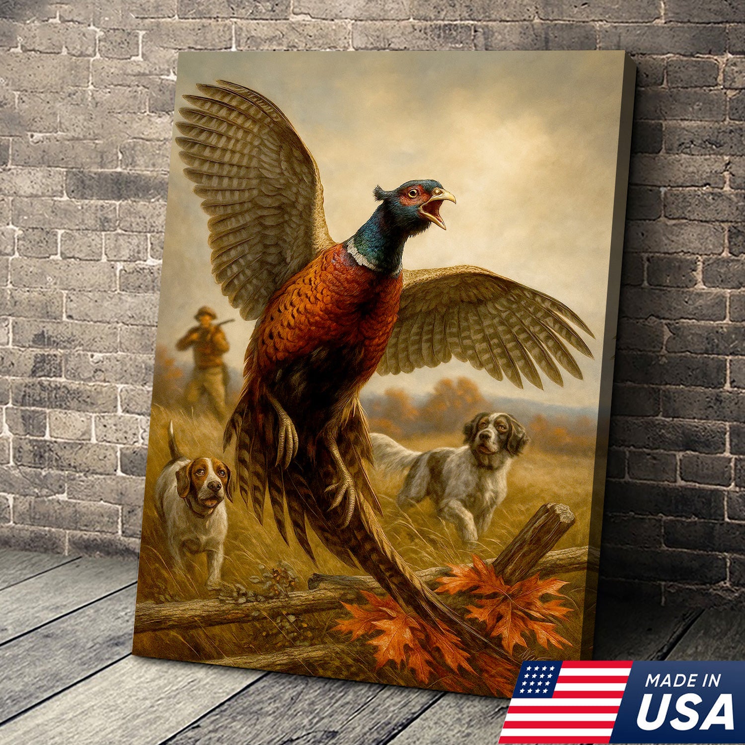 Pheasant Hunting Canvas – Flushing Bird with Pointing Dogs, Cabin & Ma ...