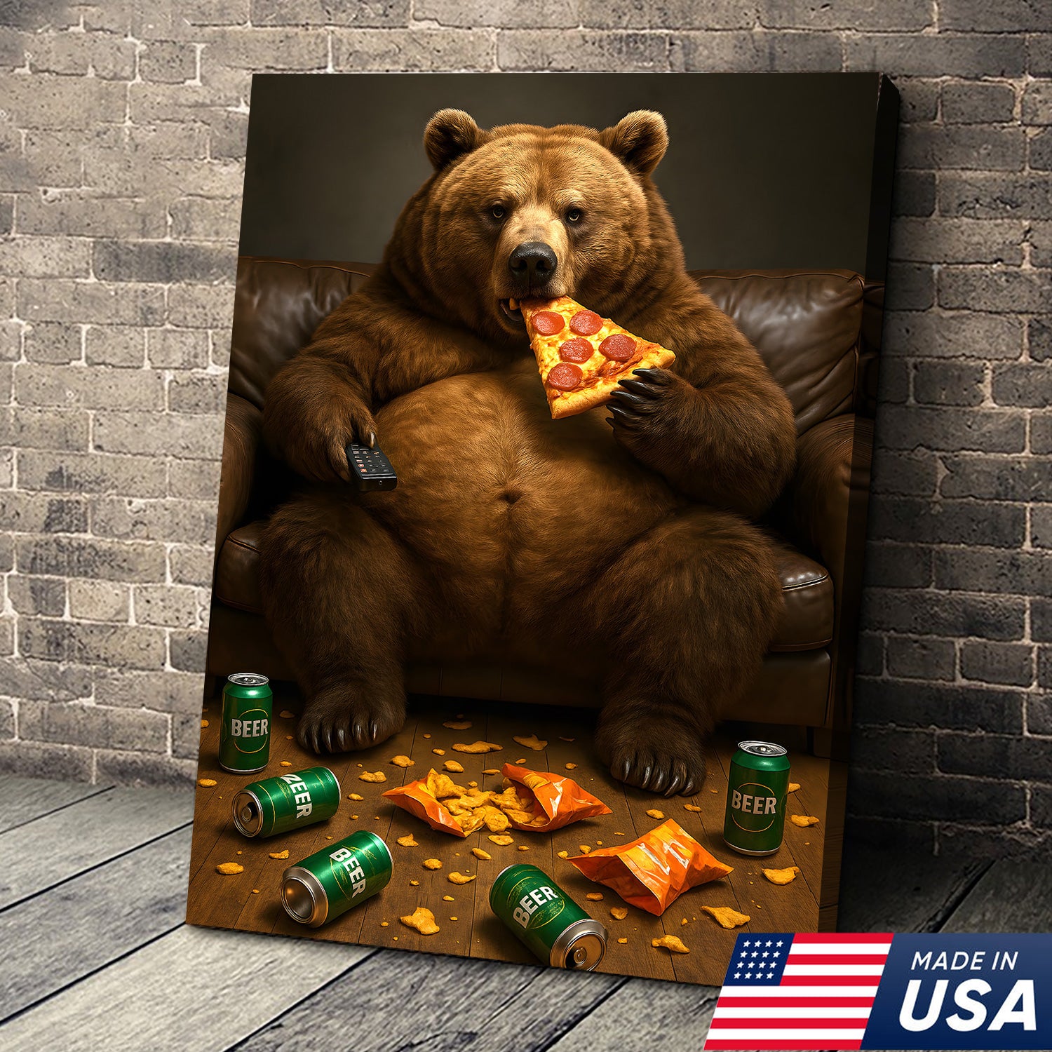 Funny Bear Eating Pizza Canvas Wall Art – Lazy Beer Lover Animal Canva ...