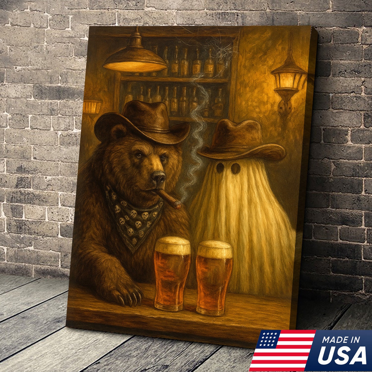 Halloween Bar Bear Canvas – Funny Rustic Cowboy Ghost Wall Art for Cab ...