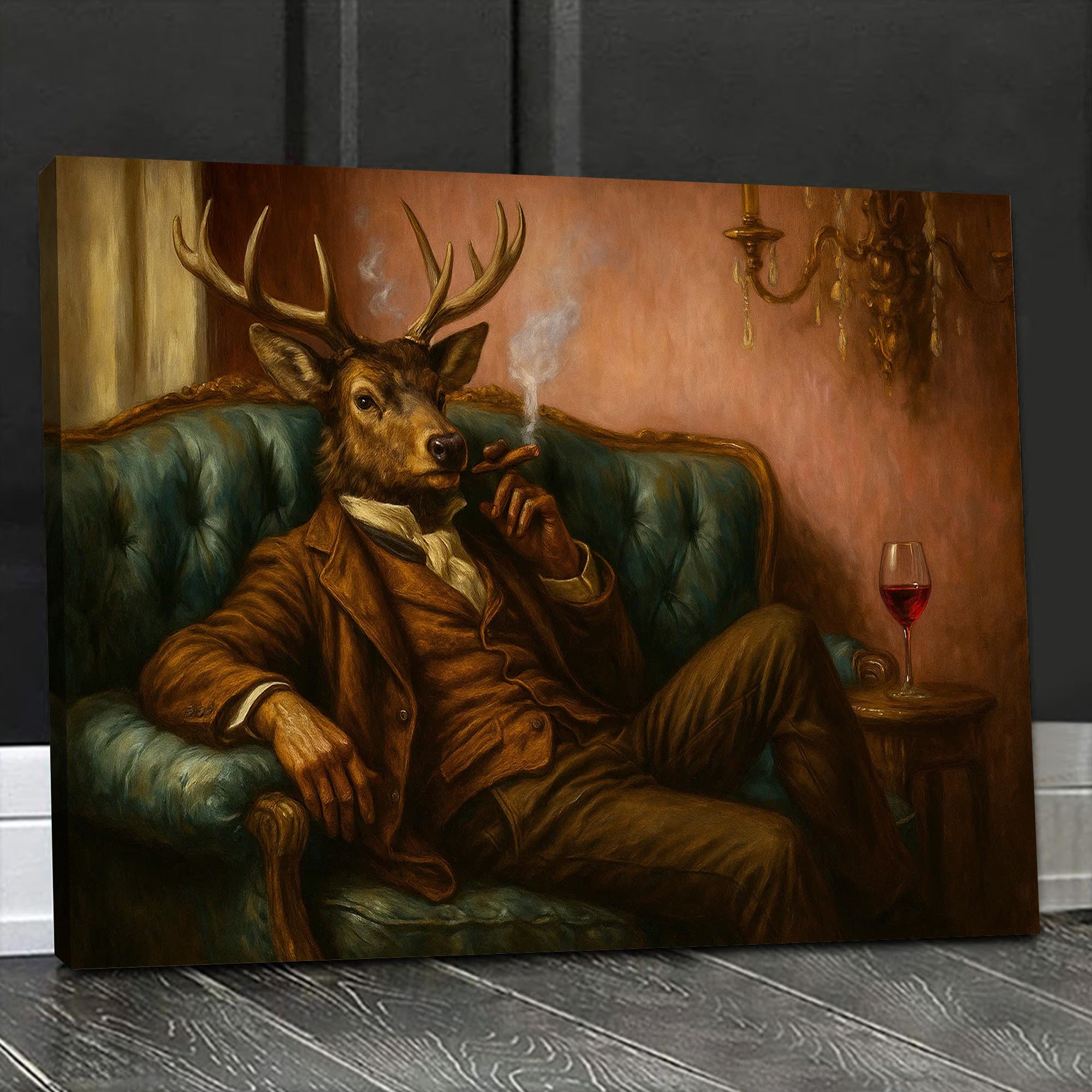 Deer Gentleman Canvas Wall Art – Dapper Buck in Suit on Teal Sofa, Vin ...