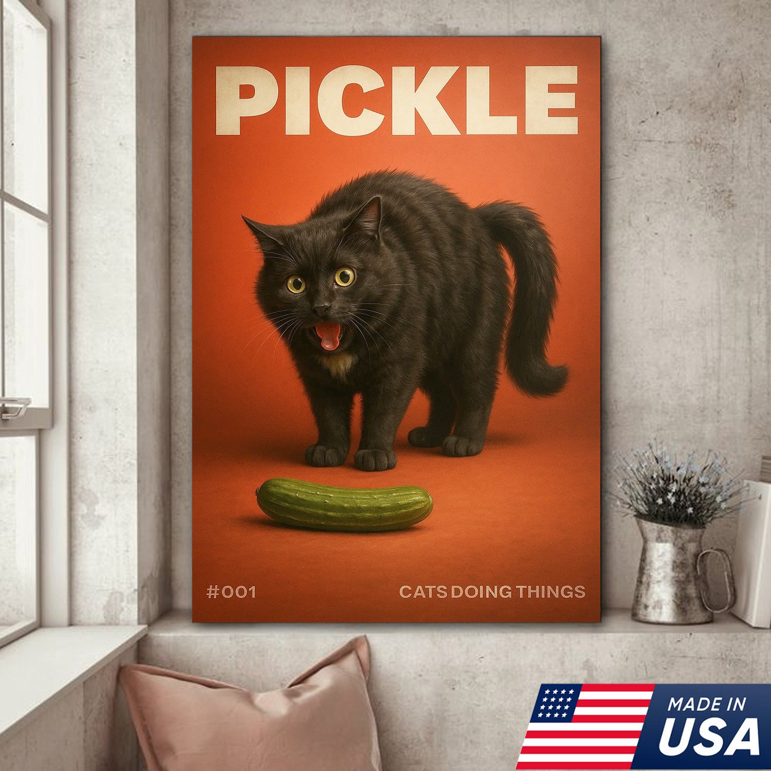 Funny Black Cat Pickle Wall Art Canvas, Scared Cat Cucumber Meme Poste ...