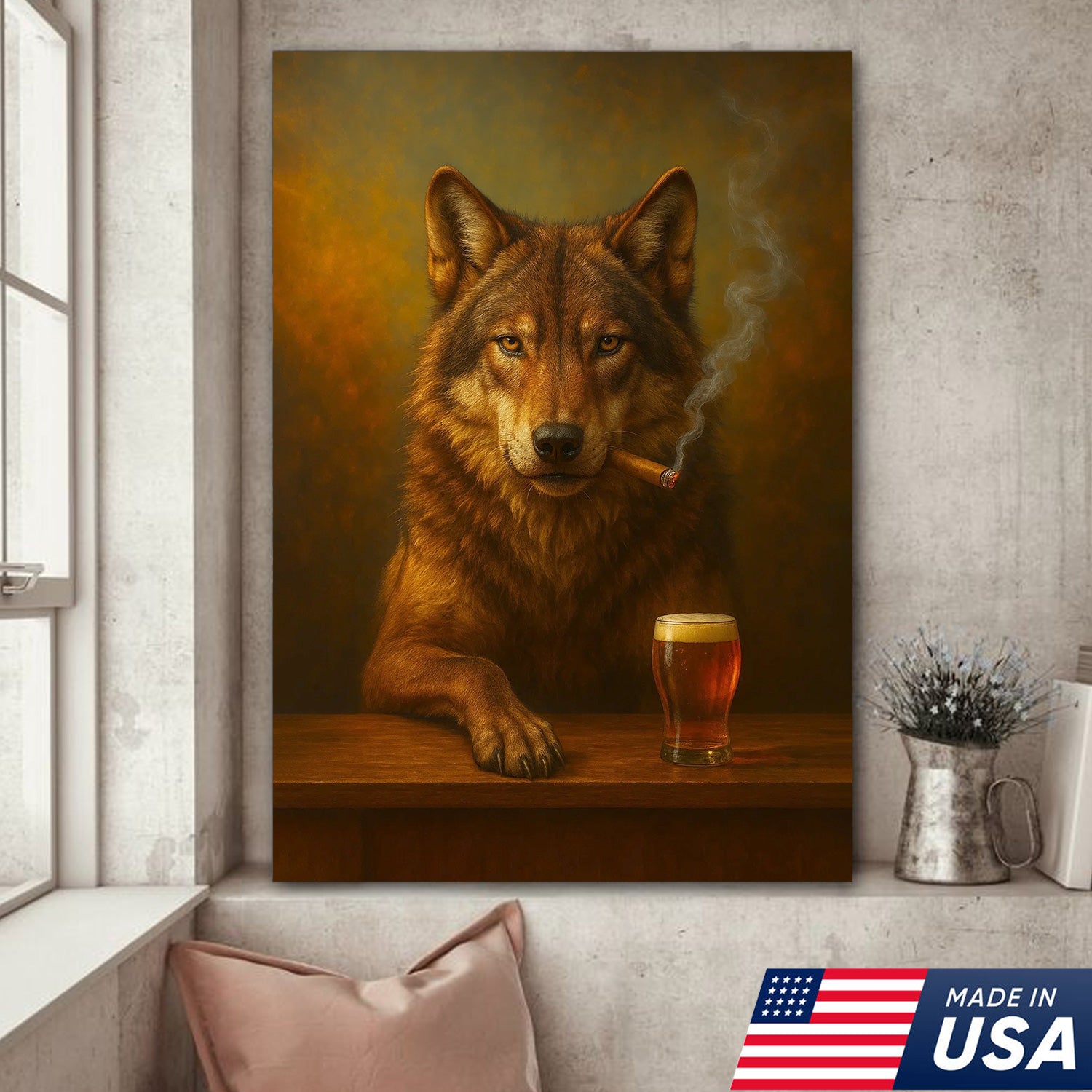Red Wolf Smoking Canvas Wall Art – Rustic Drinking Lover Poster for Lo ...