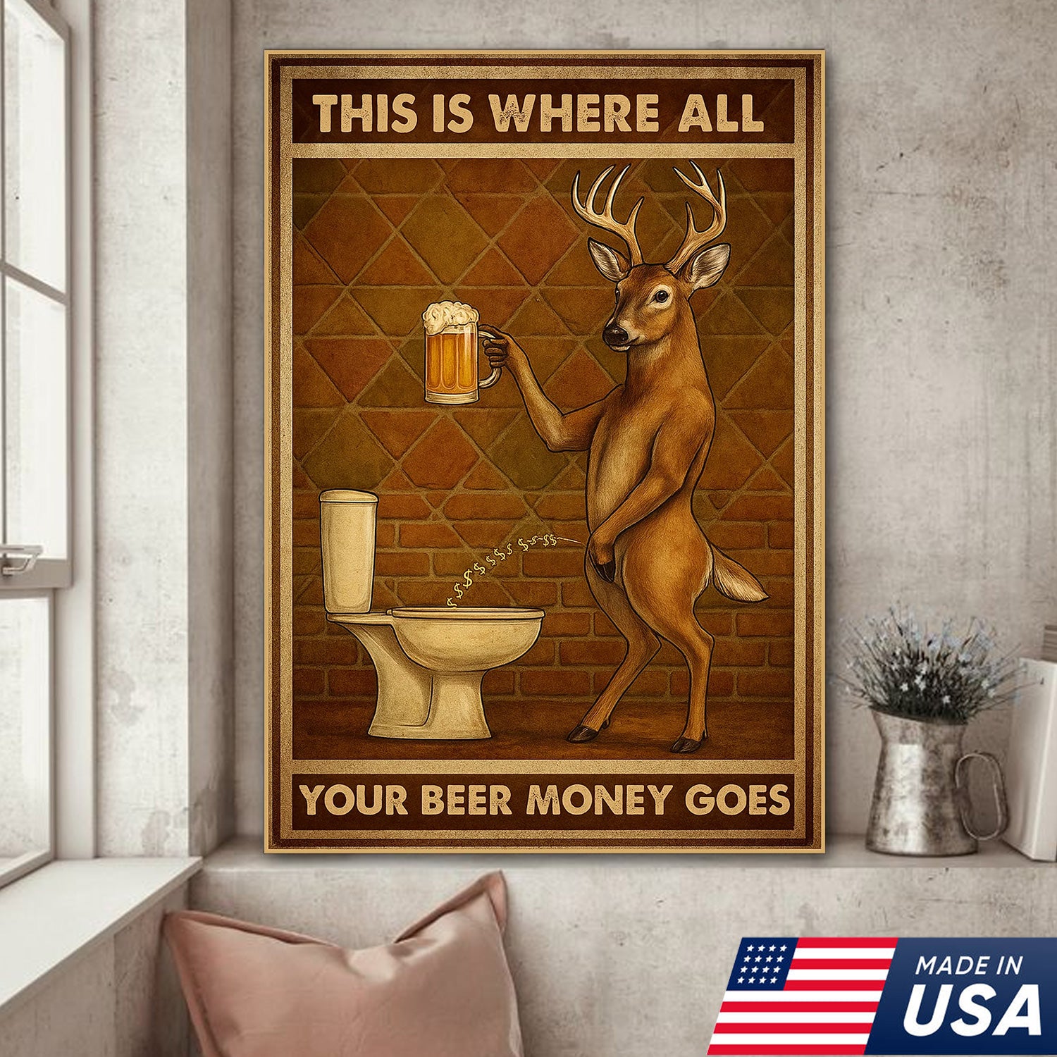 Funny Deer Beer Canvas Wall Art – Rustic Hunting Lodge Bar Decor Gift ...
