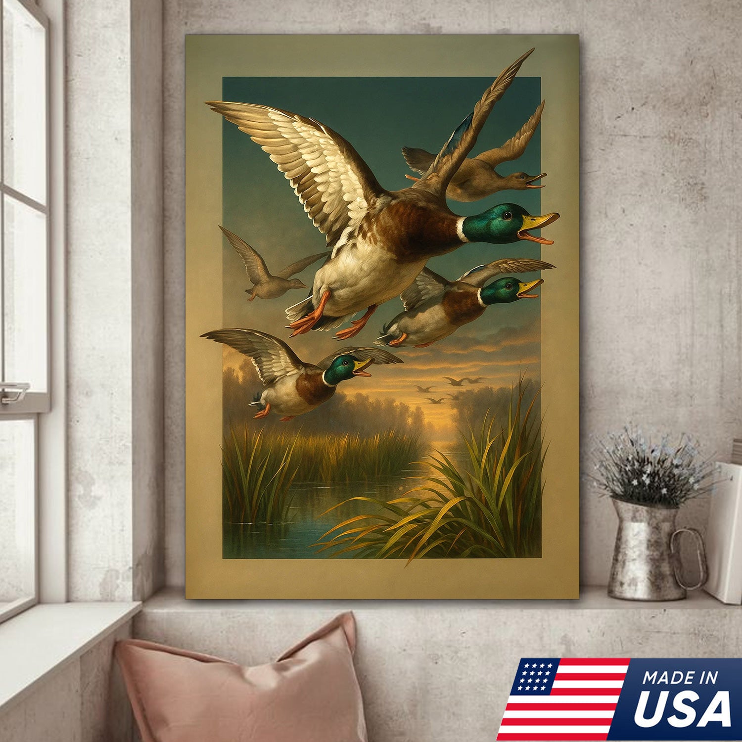 Mallard Ducks Flying Over Marsh Wall Art – Vintage Wildlife Canvas Pri ...