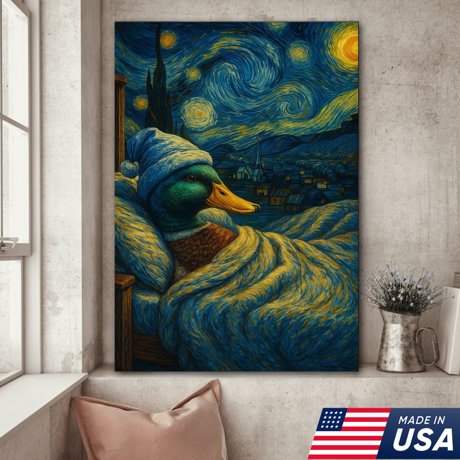 Starry Night Duck Canvas – Funny Van Gogh Parody with Cozy Duck in Bed ...