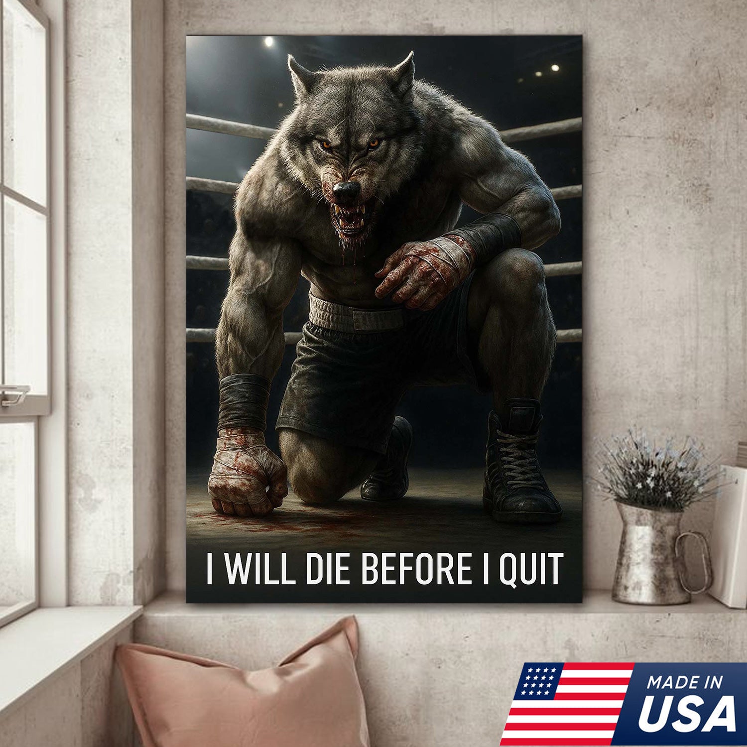 Werewolf Boxer Canvas Wall Art, I Will Die Before I Quit Gym Motivatio ...