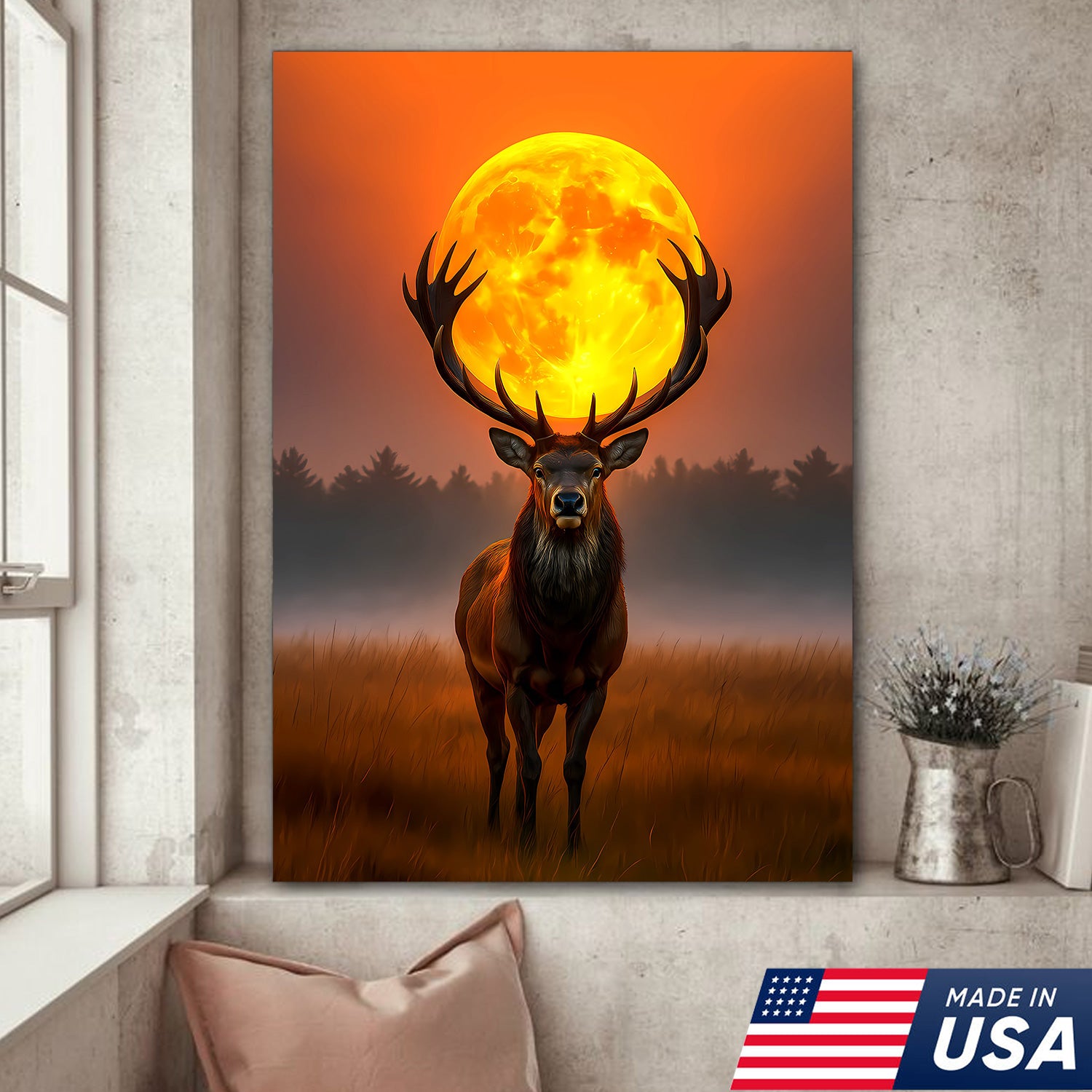 Majestic Elk Full Moon Canvas Wall Art – Hunting Cabin Decor Gift for ...