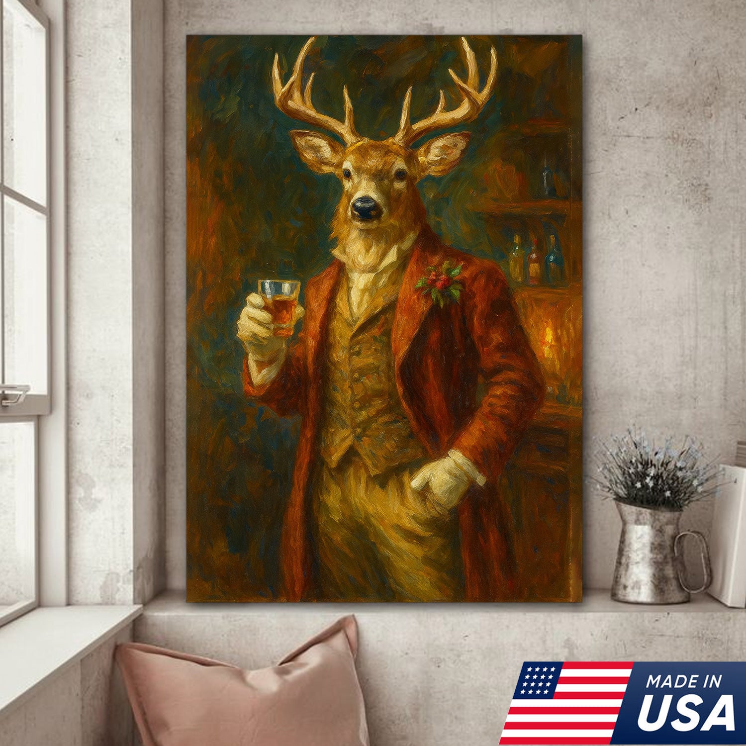Deer Gentleman Wall Art Canvas – Whiskey Hunter Canvas Decor for Rusti ...