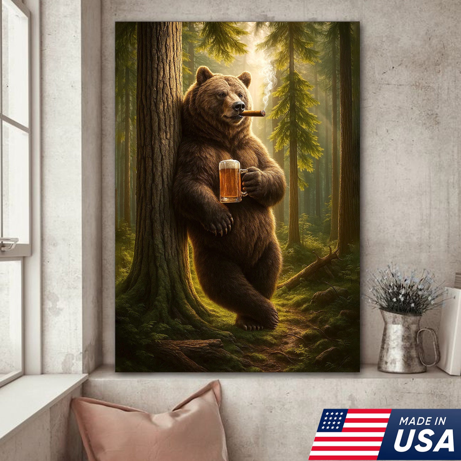 Rustic Bear in Forest Canvas Wall Art, Woodland Animal Decor, Nature L ...