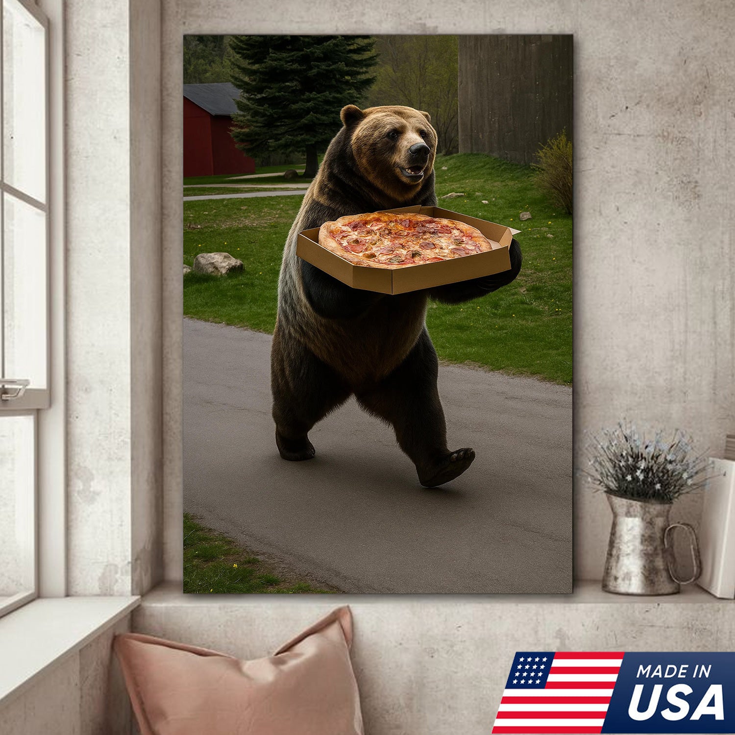 Funny Bear Pizza Canvas Wall Art, Humorous Kitchen Foodie Decor Print ...