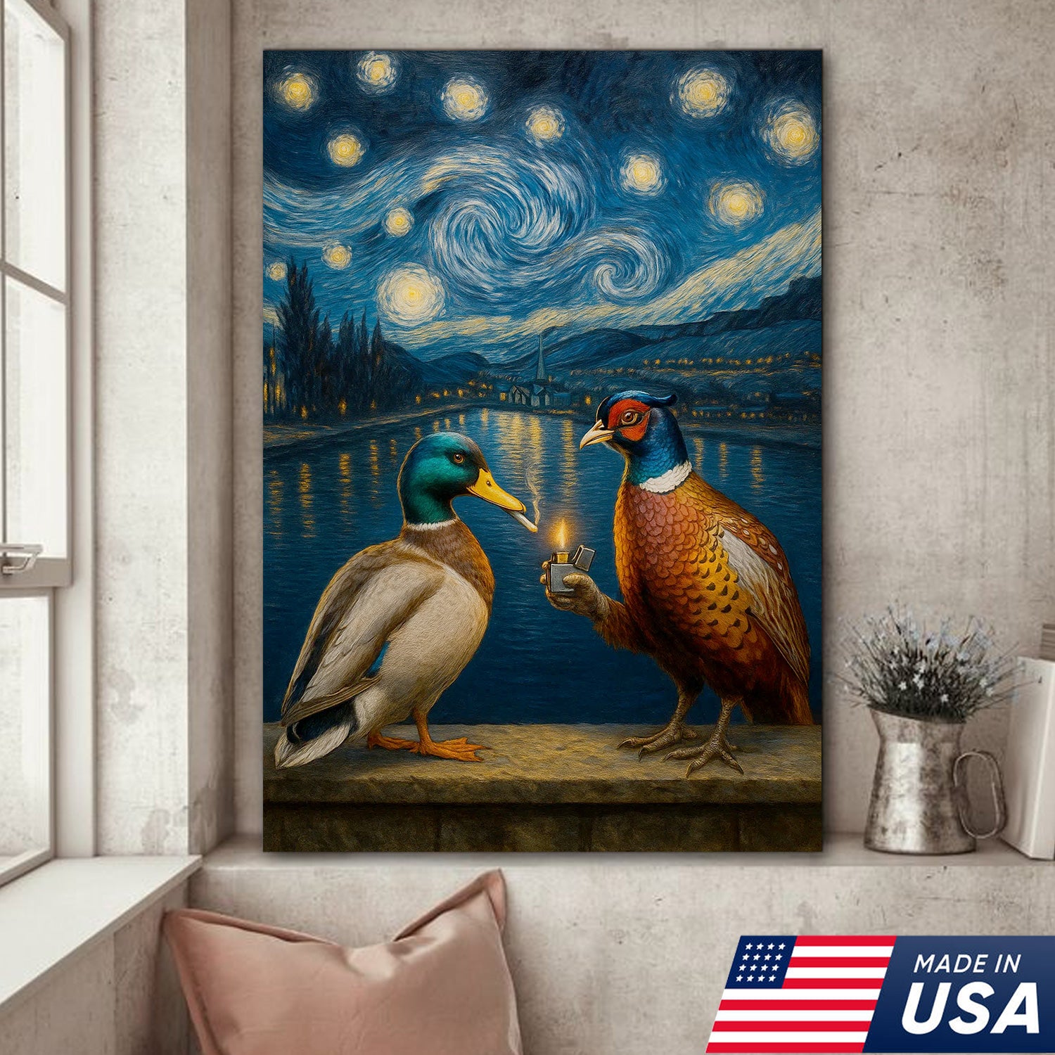Starry Night Duck and Pheasant Canvas Wall Art, Van Gogh Inspired Wild ...