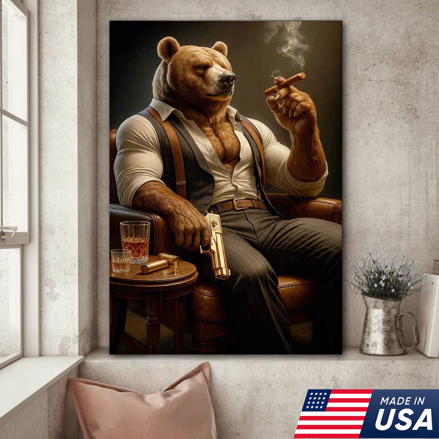 Boss Bear Canvas Wall Art, Stylish Anthropomorphic Animal Portrait, Ma ...