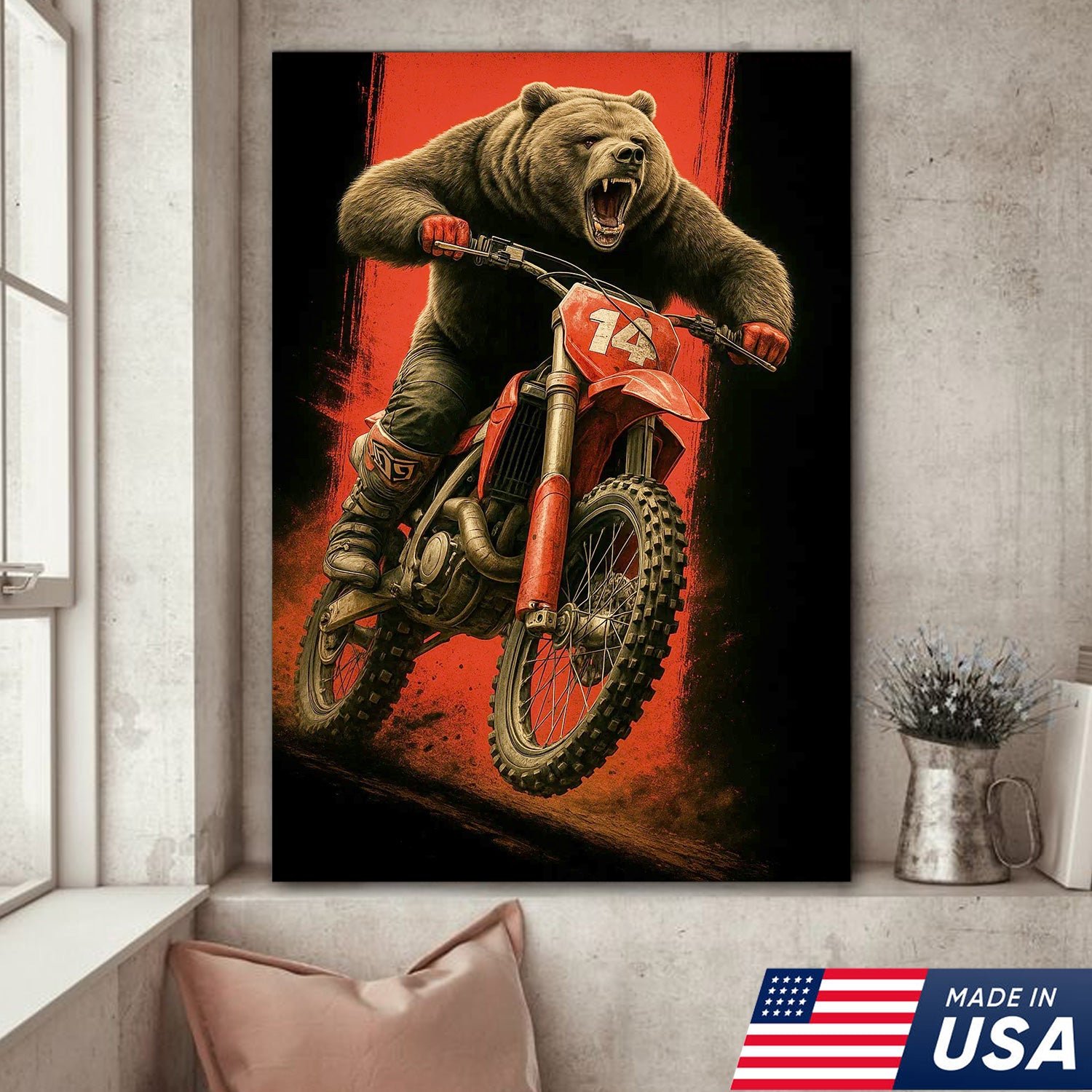 Motocross Bear Wall Art Canvas, Fierce Dirt Bike Racing Bear Print ...