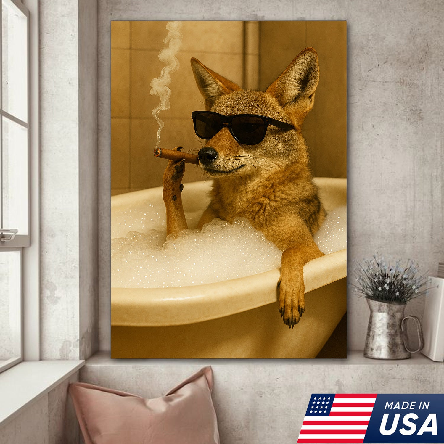 Cool Coyote in Bathtub Canvas – Funny Bathroom Wall Art for Rustic Cab ...