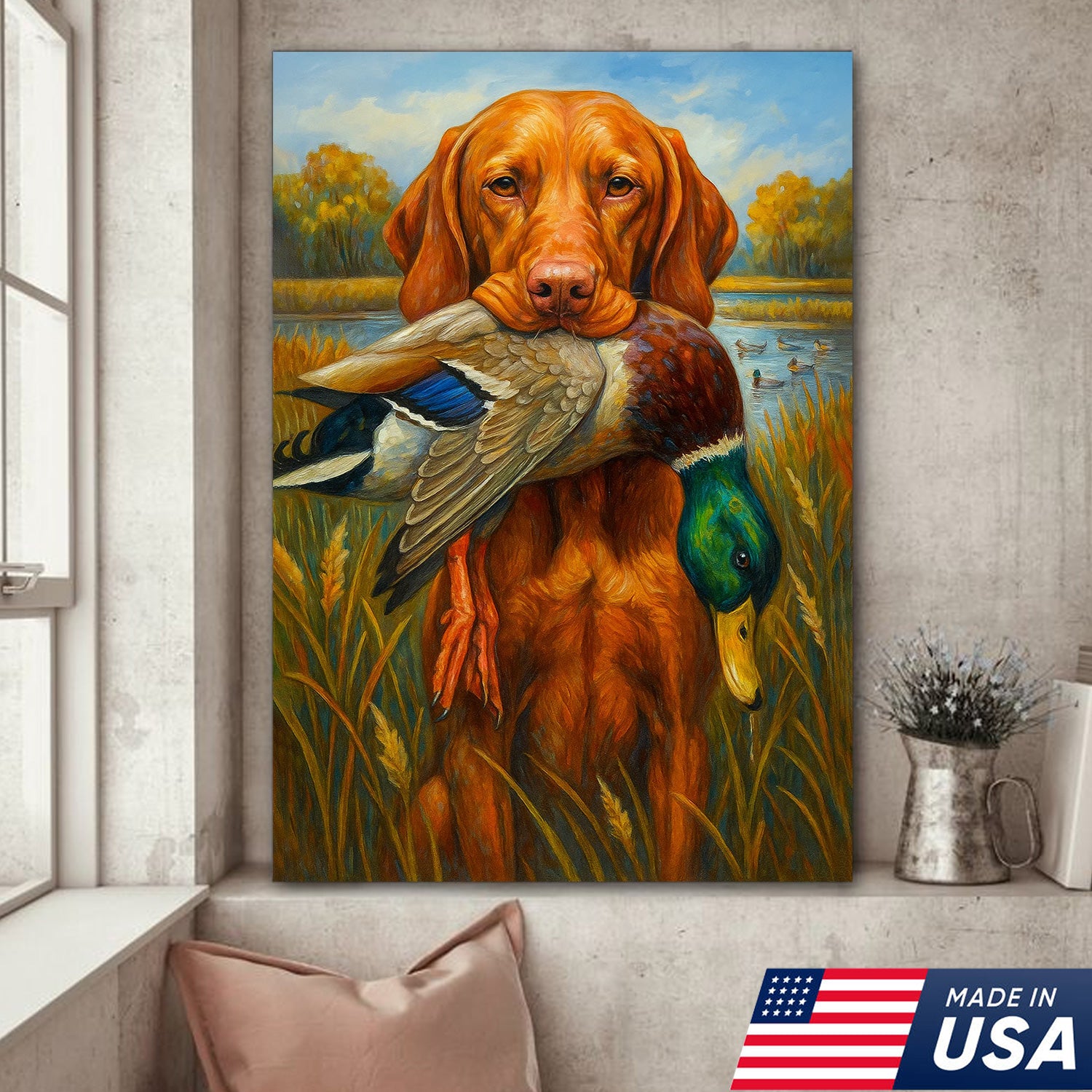 Rustic Hunting Wall Art – Dog and Duck Canvas Print Made in USA – Buckindad