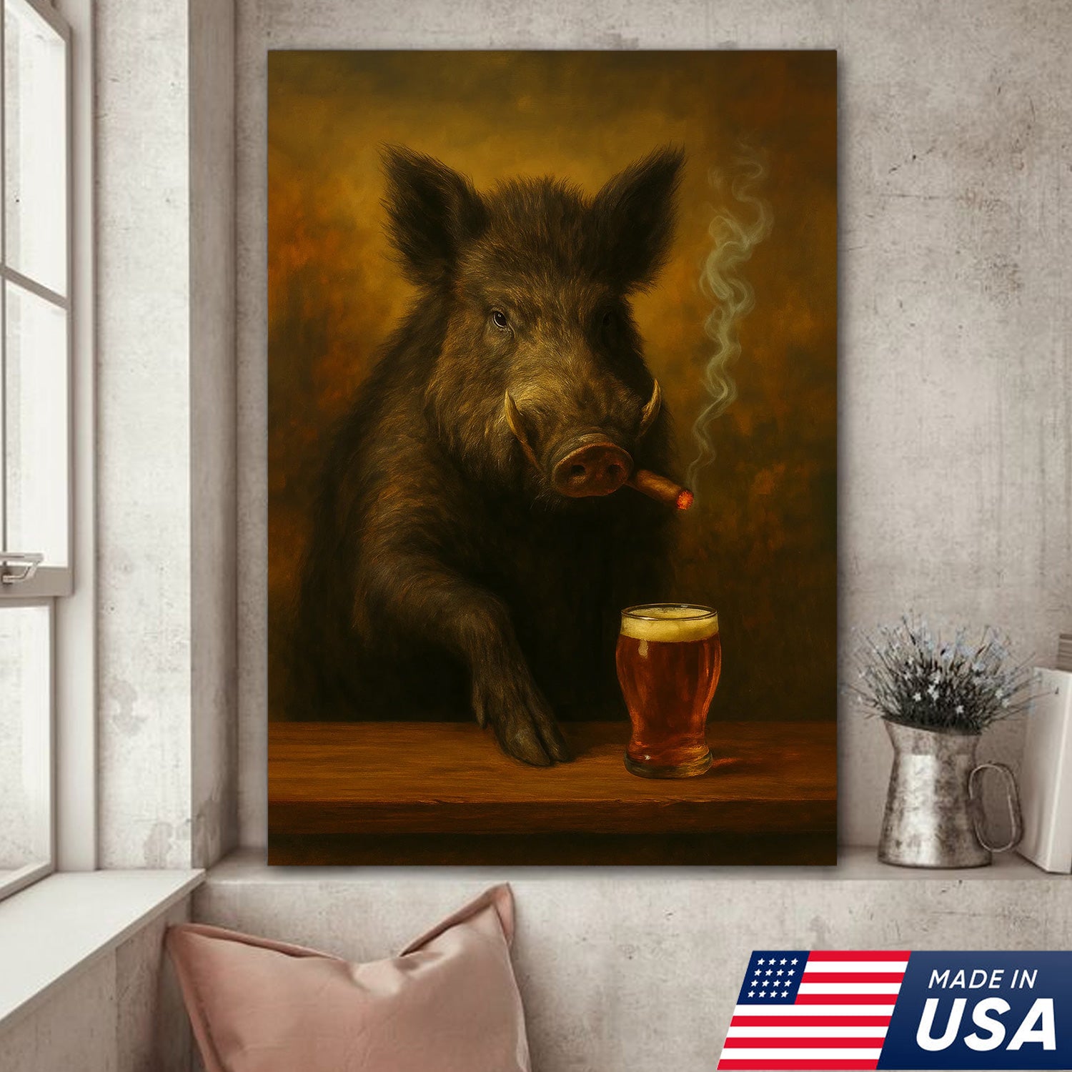 Funny Wild Boar Smoking Cigar with Beer Canvas – Rustic Hunting Lodge ...