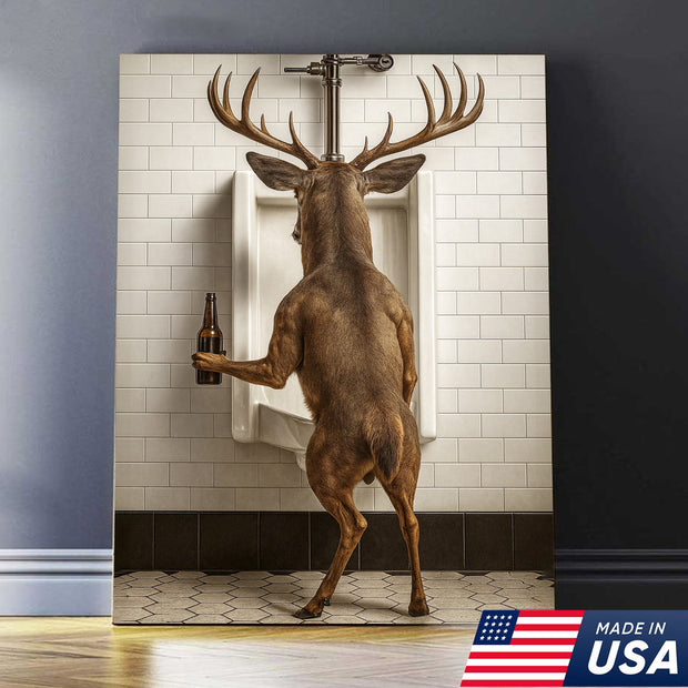 Deer Holding Beer and Standing at the Urinal Canvas – Hilarious Bathro ...