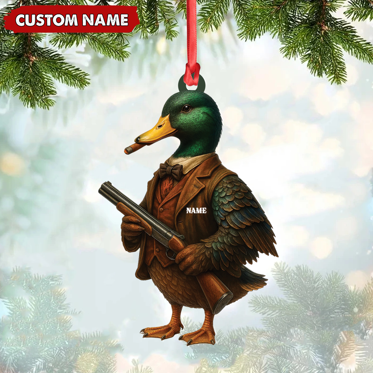 Personalized Funny Duck Hunter Ornament, Dapper Mallard with Gun Chris ...
