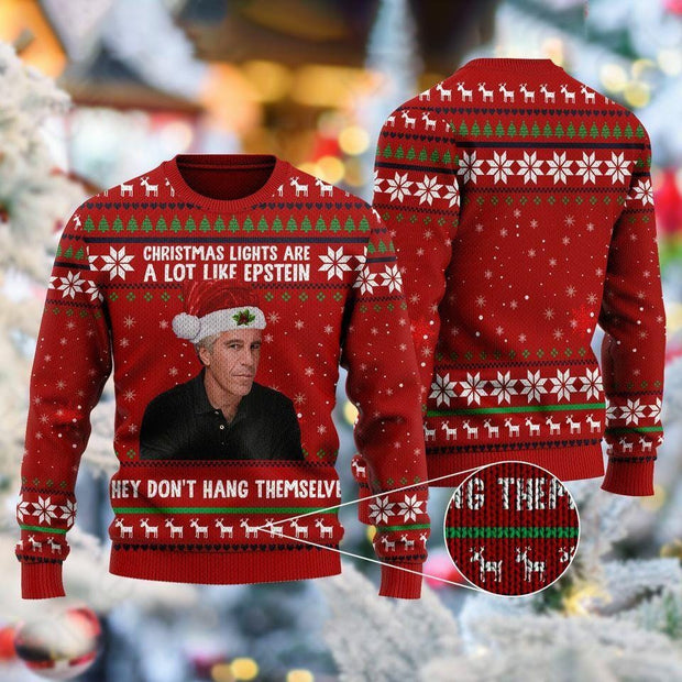 Christmas Lights Ugly Wool Sweater - Funny Epstein Meme Design - Red K ...