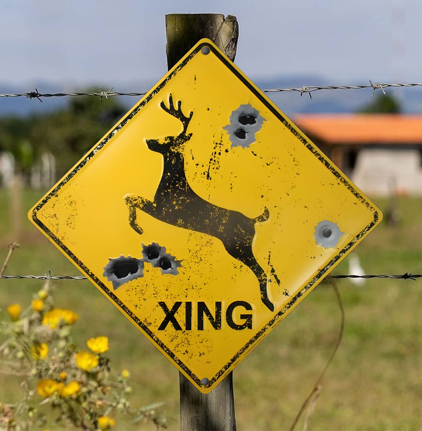 Funny Deer Crossing Metal Sign with Bullet Holes, Rustic Hunter Decor ...